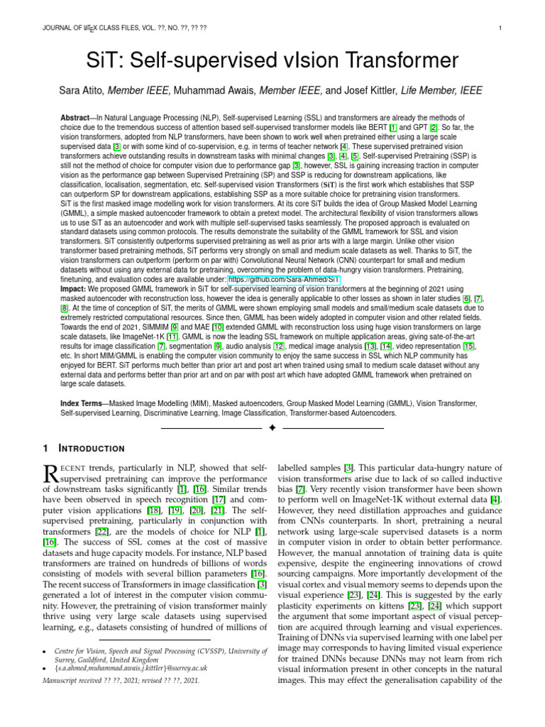SiT - Self-Supervised VIsion Transformer | PDF | Computational Neuroscience | Machine Learning