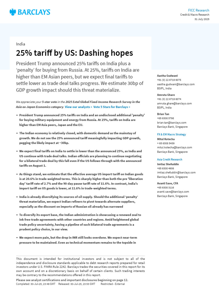 Barclays India 25 Tariff by US Dashing Hopes | PDF | Tariff | Petroleum