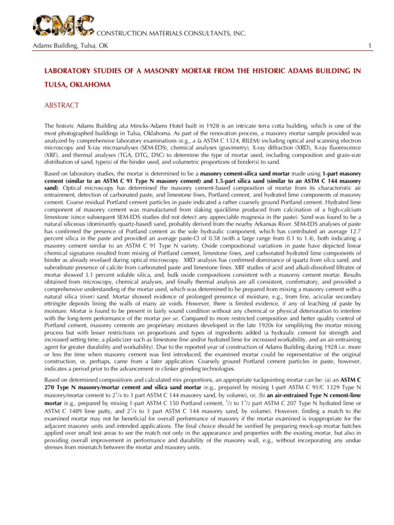 Masonry Mortar Analysis of Adams Building | PDF | Cement | Lime (Material)
