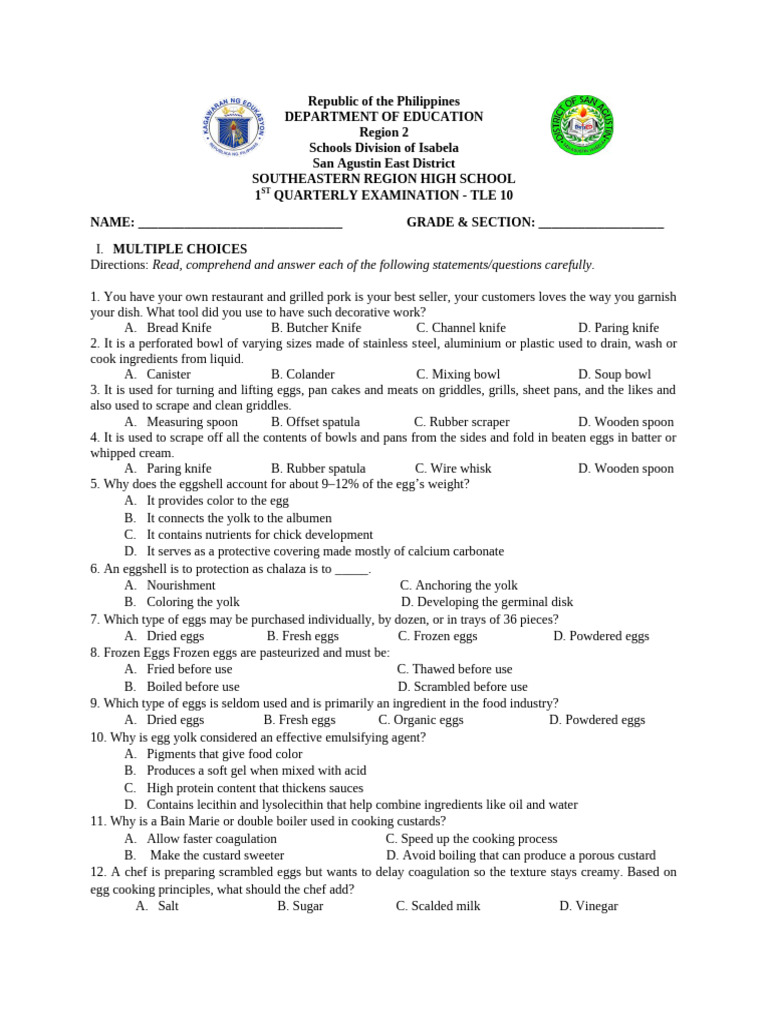 Tle-10 Q1 - Final Exam | PDF | Pasta | Custard
