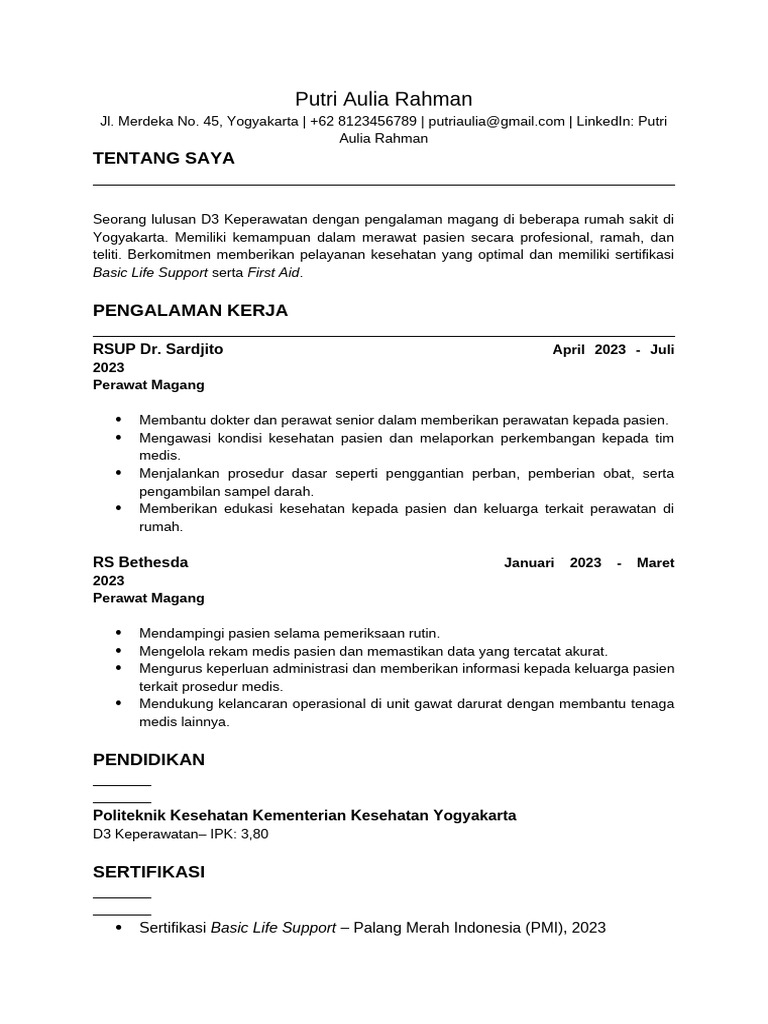 CV Perawat Magang dengan Sertifikasi | PDF