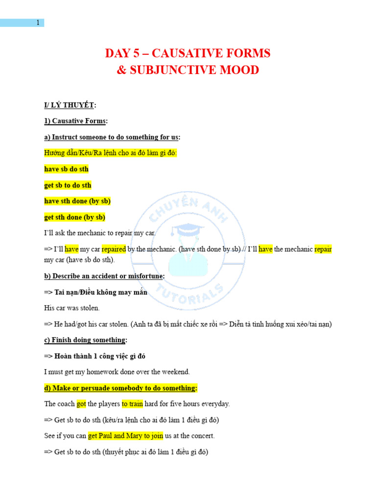 Day 5 - Causative Forms & Subjunctive Mood (With Key) | PDF | Semantic Units | Language Mechanics
