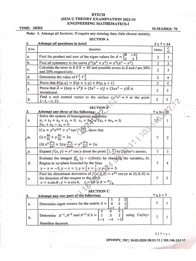 Engineering Mathematics 1 Sem-1 Theory Paper 2024 | PDF