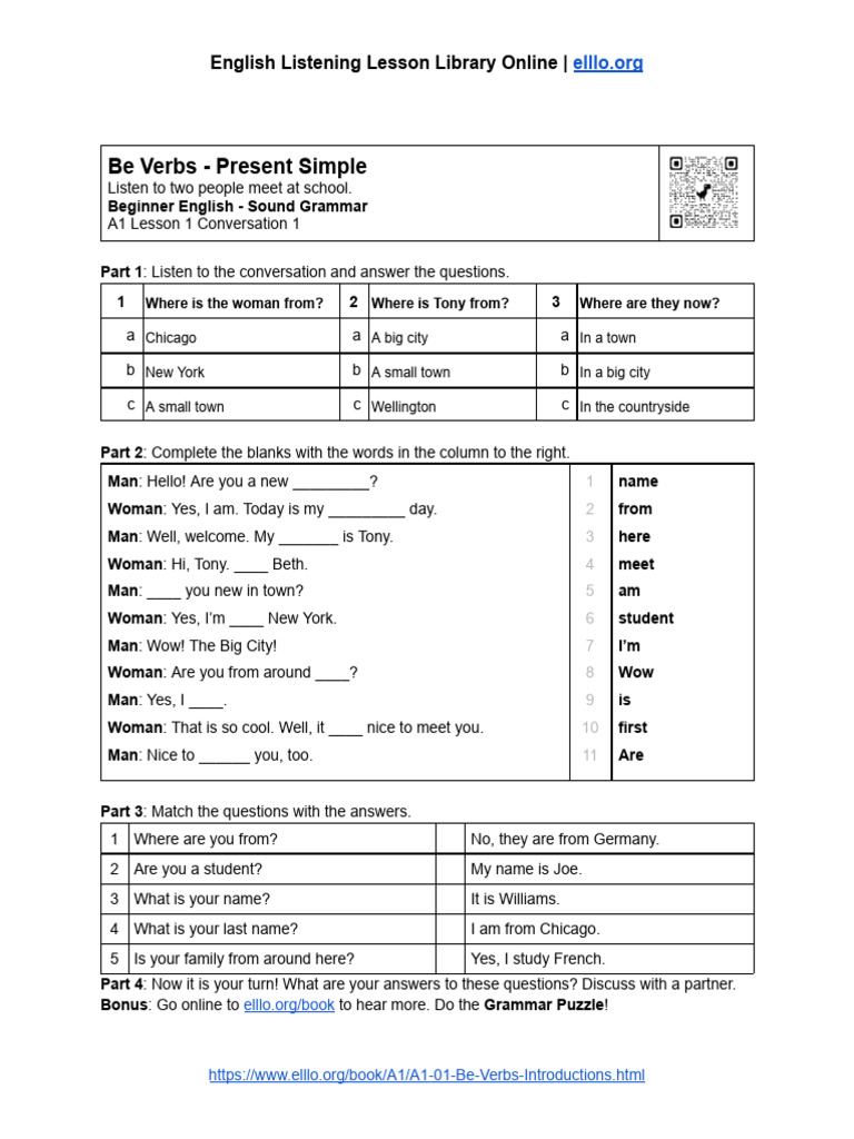 Be Verbs: English Listening Lesson | PDF | Linguistic Morphology ...