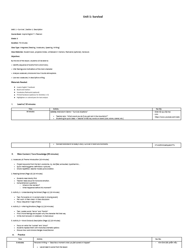 Survival Lesson Plan for Grade 6 | PDF | Vocabulary | Human Communication