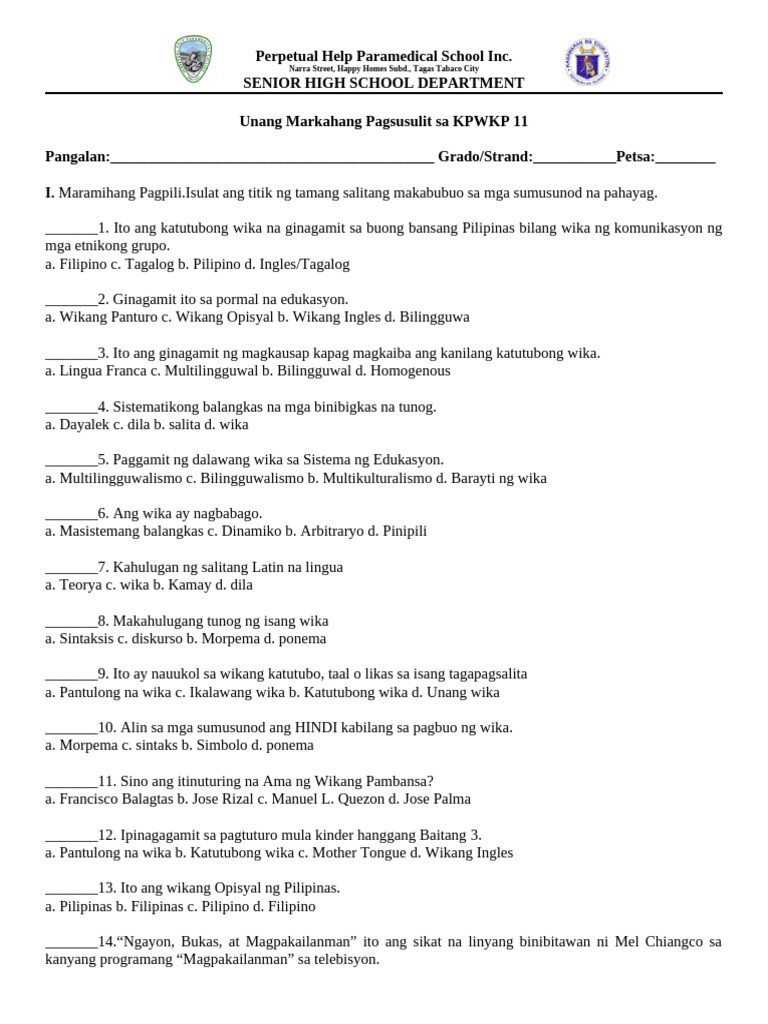 KPWKP 1st Periodical Exam | PDF