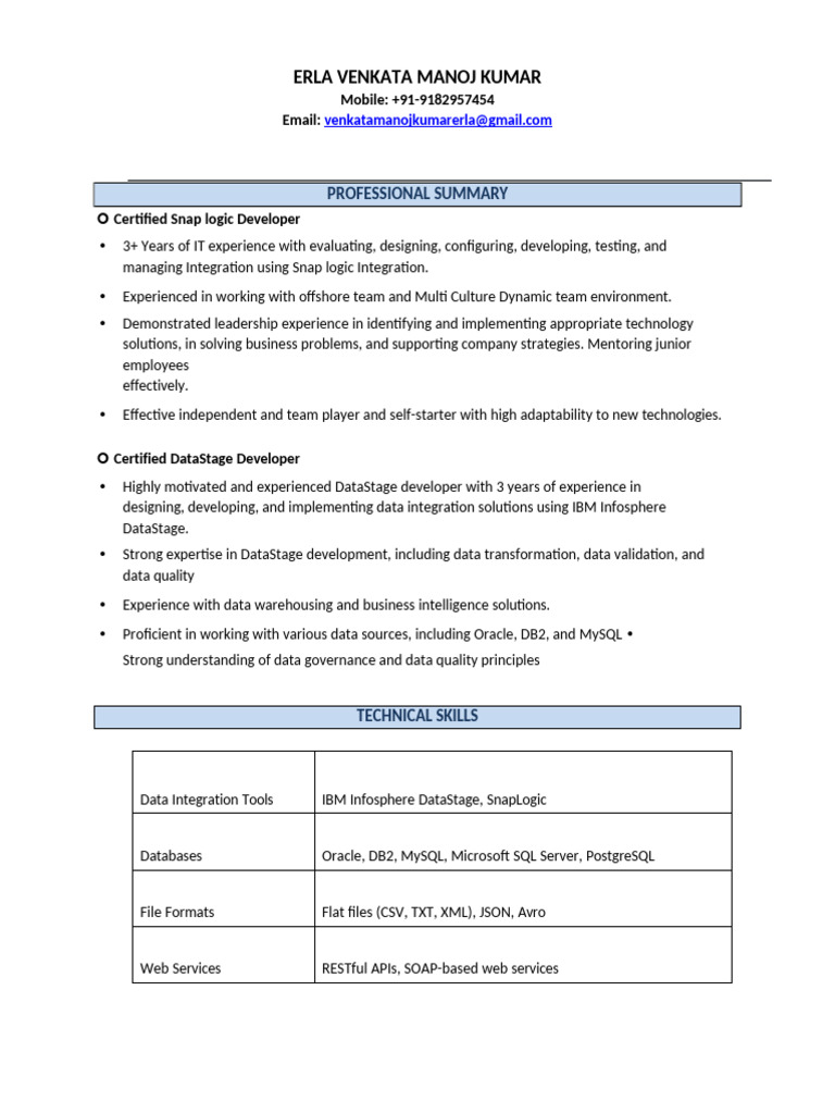 SnapLogic & DataStage Developer Resume | PDF | Ibm Db2 | Computing