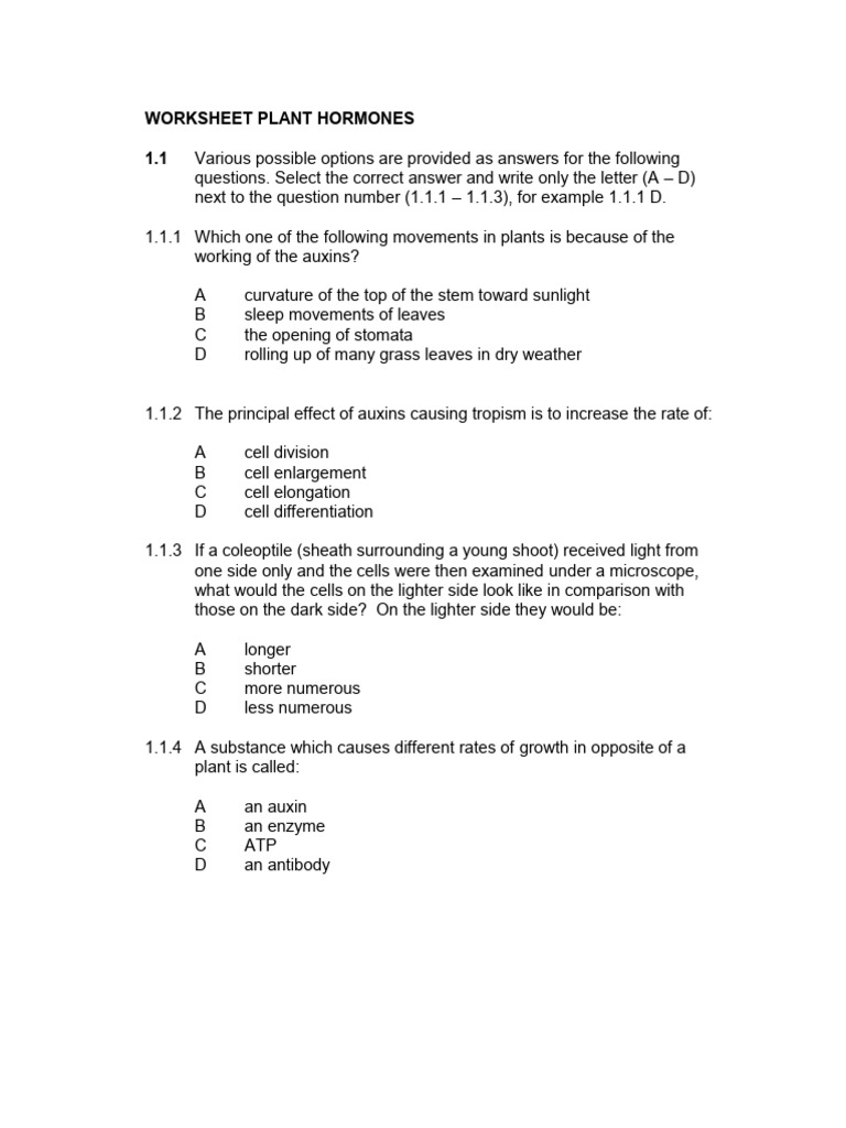 Plant Hormones Q&A Worksheet | PDF | Auxin | Plant Hormone
