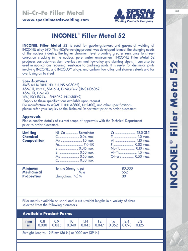 Inconel Filler Metal 52 | PDF | Stainless Steel | Metals