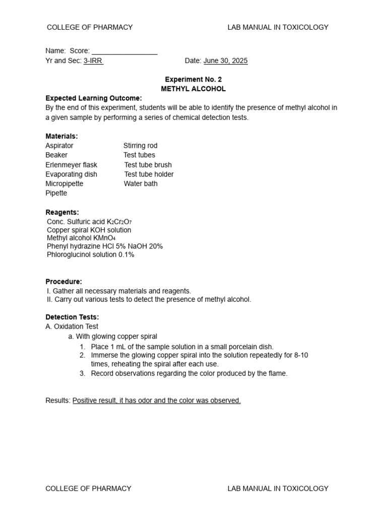 Experiment 2 Methanol | PDF | Methanol | Formaldehyde