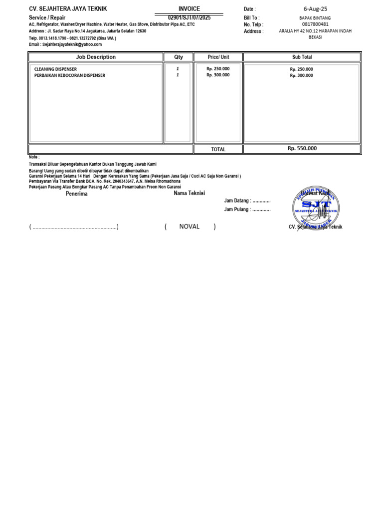 Invoice Perbaikan AC dan Dispenser 2025 | PDF