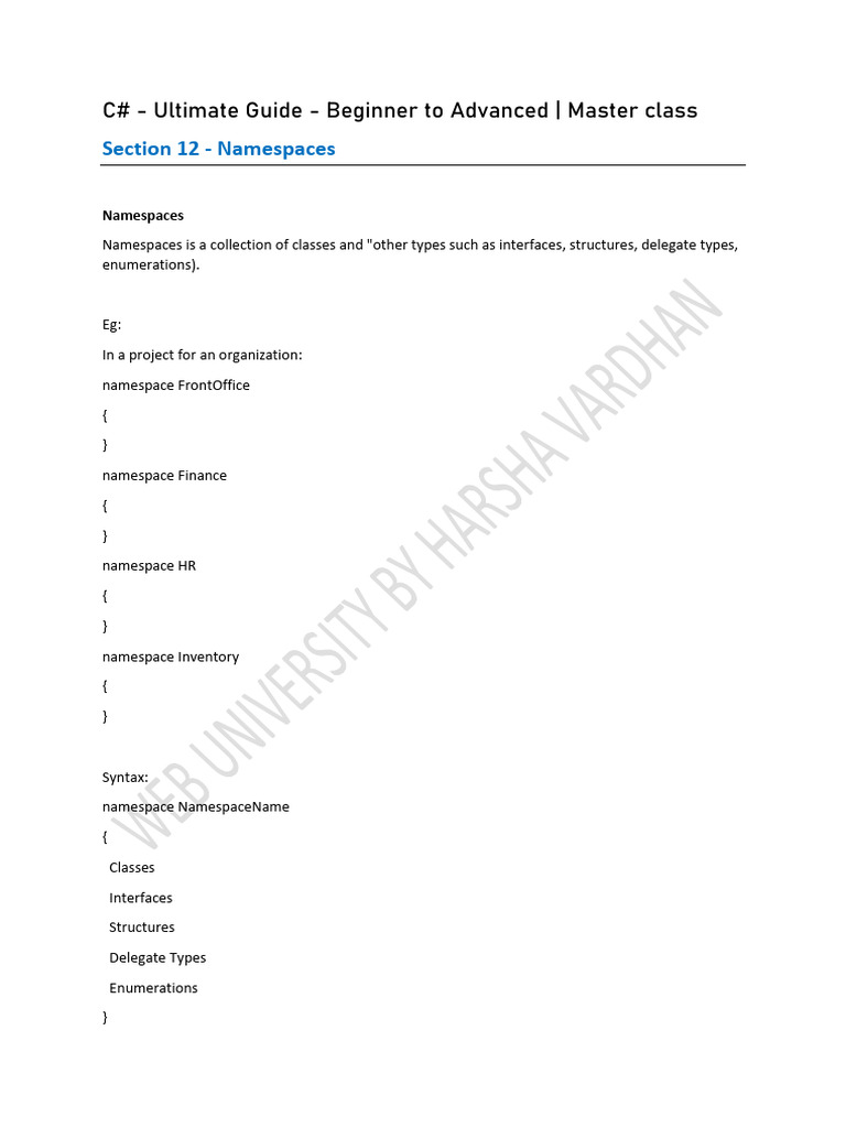 Cheat Sheet - Section 12 - C# | PDF | Namespace | C Sharp (Programming Language)