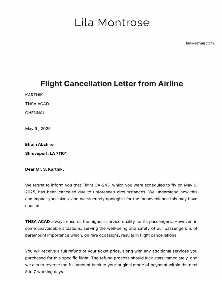 Flight Cancellation Letter From Airline Template | PDF
