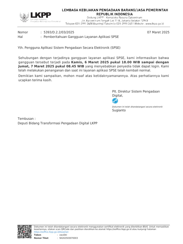 Gangguan Layanan Aplikasi SPSE Maret 2025 | PDF