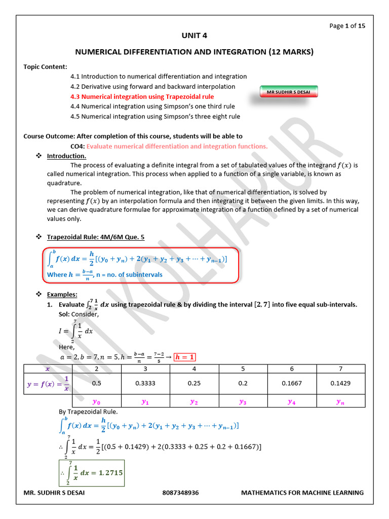 Unit 4 Numerical Differentiation and Integration | PDF | Integral | Numerical Analysis