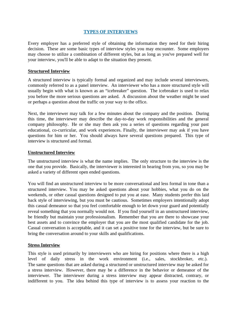 Types of Interviews Explained | PDF | Job Interview | Psychology