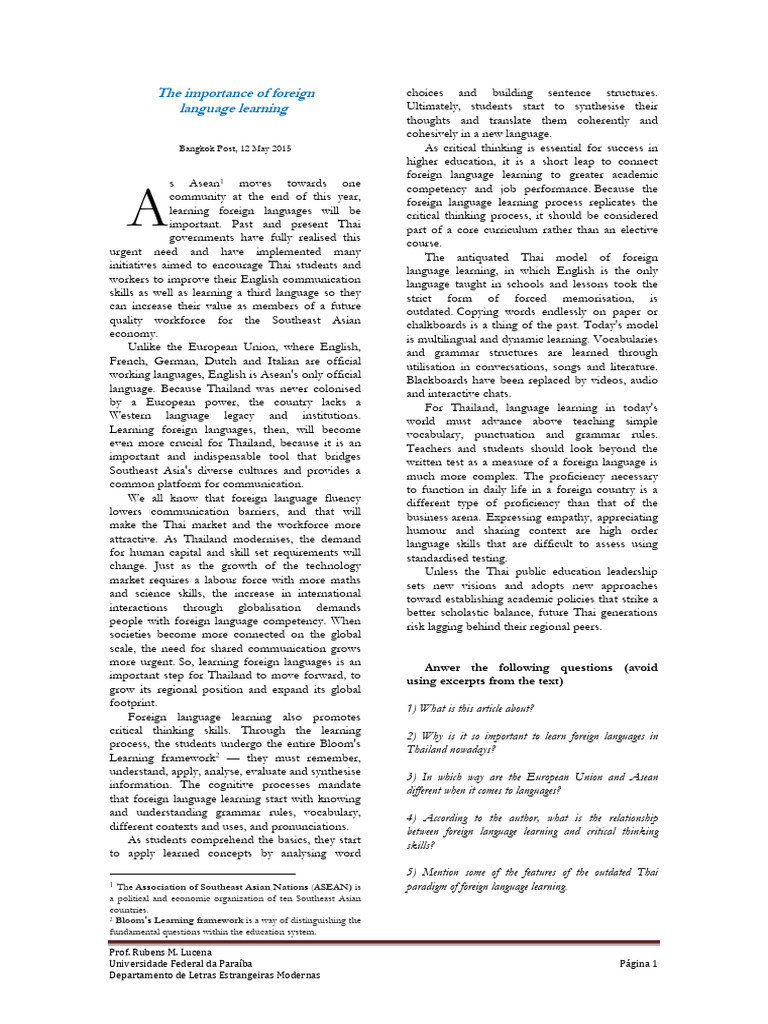 Text - The Importance of Foreign Language Learning | PDF | Foreign ...