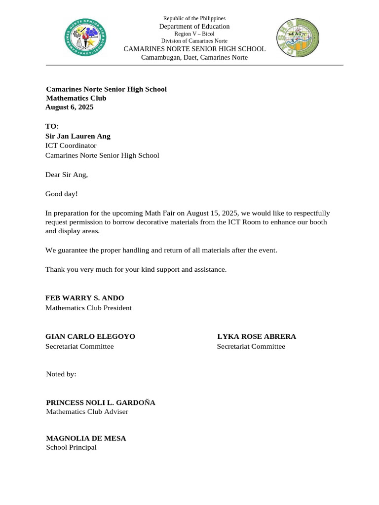 Ict Decorative Materials Request Letter | PDF