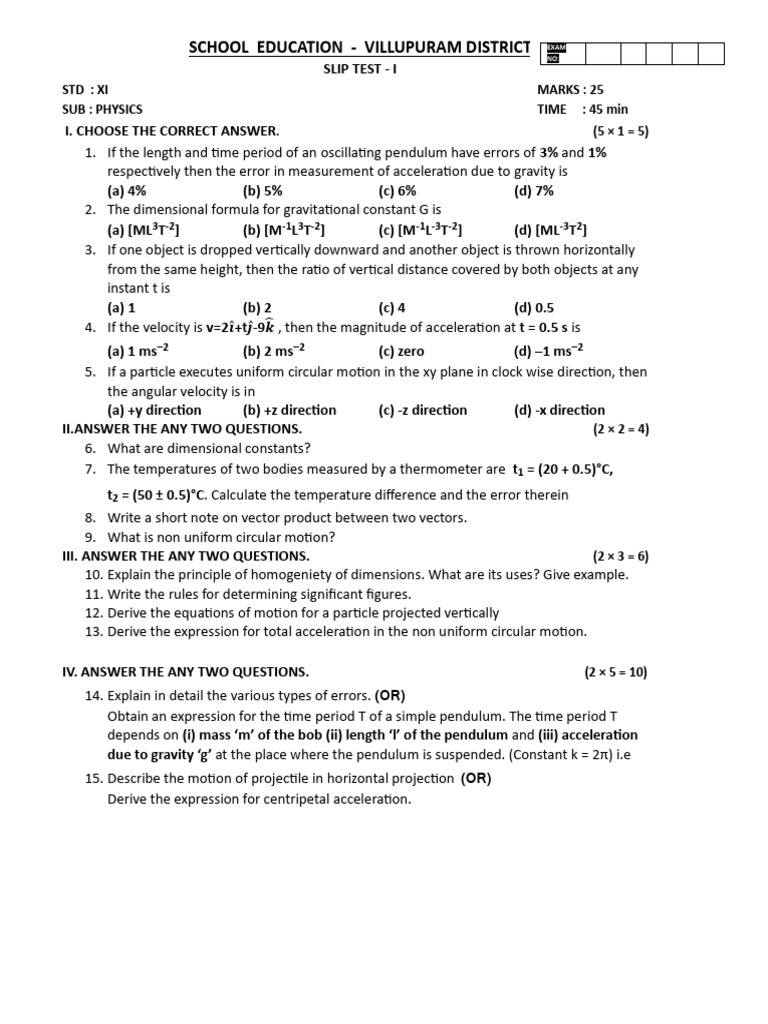 Villupuram XI Physics Slip Test I | PDF | Acceleration | Pendulum