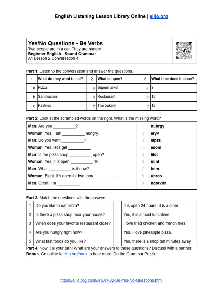 Beginner English: Yes/No Questions | PDF | Cuisine | Foods