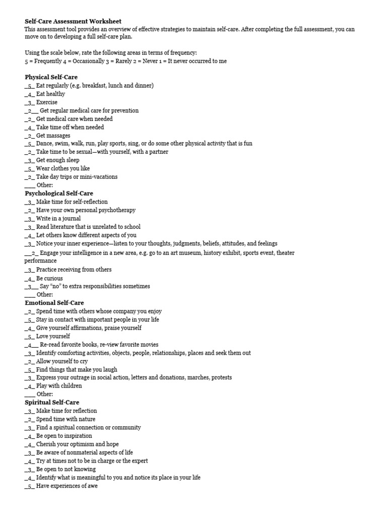 Self Care Assessment and Planning | PDF | Mental Health | Behavioural Sciences