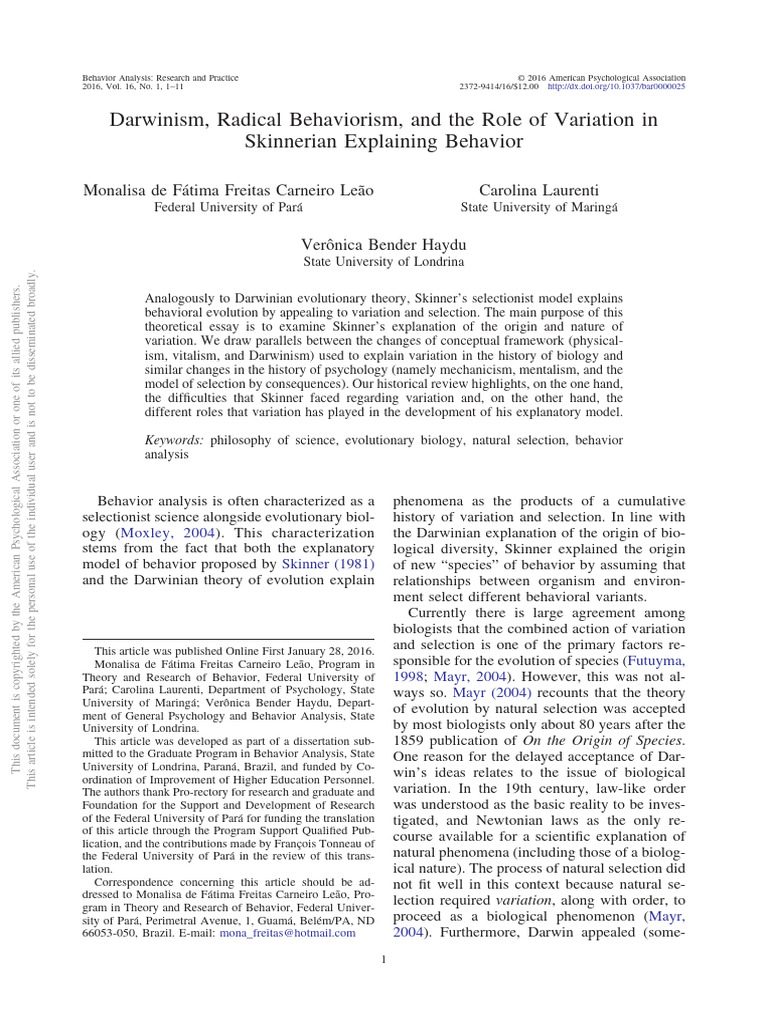 Darwinism, Radical Behaviorism and The Role of Variation in Skinnerian ...