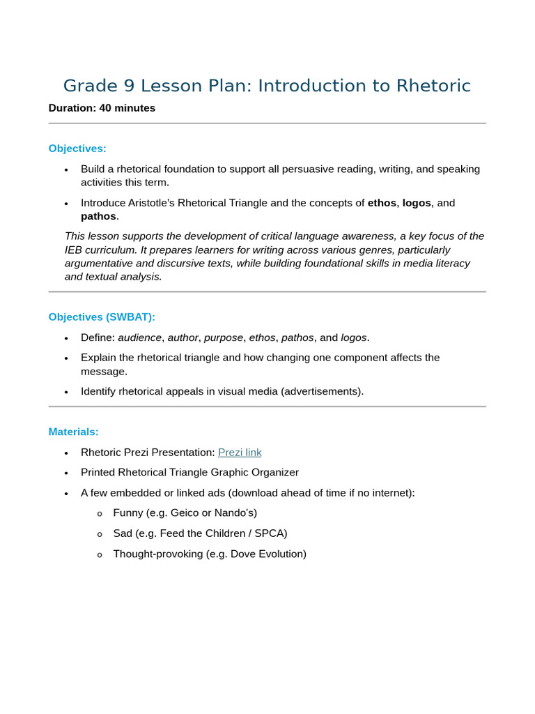 CCC Rhetoric Grade 9 Lesson Plan | PDF | Rhetoric | Logos