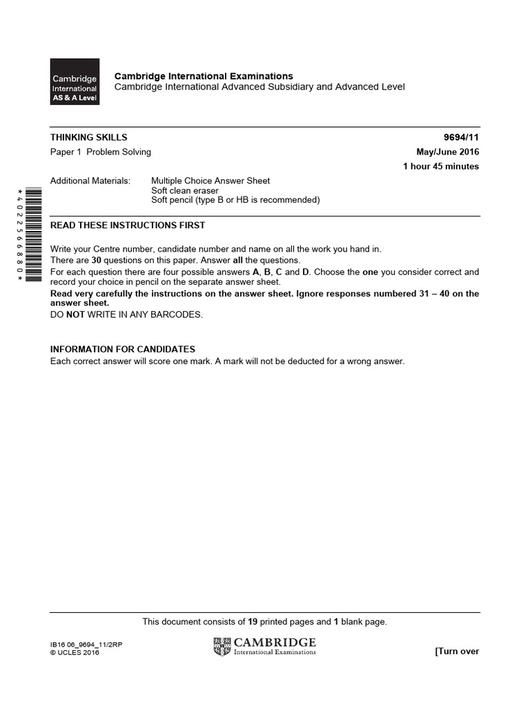 Cambridge Thinking Skills Exam Paper | PDF | Multiple Choice