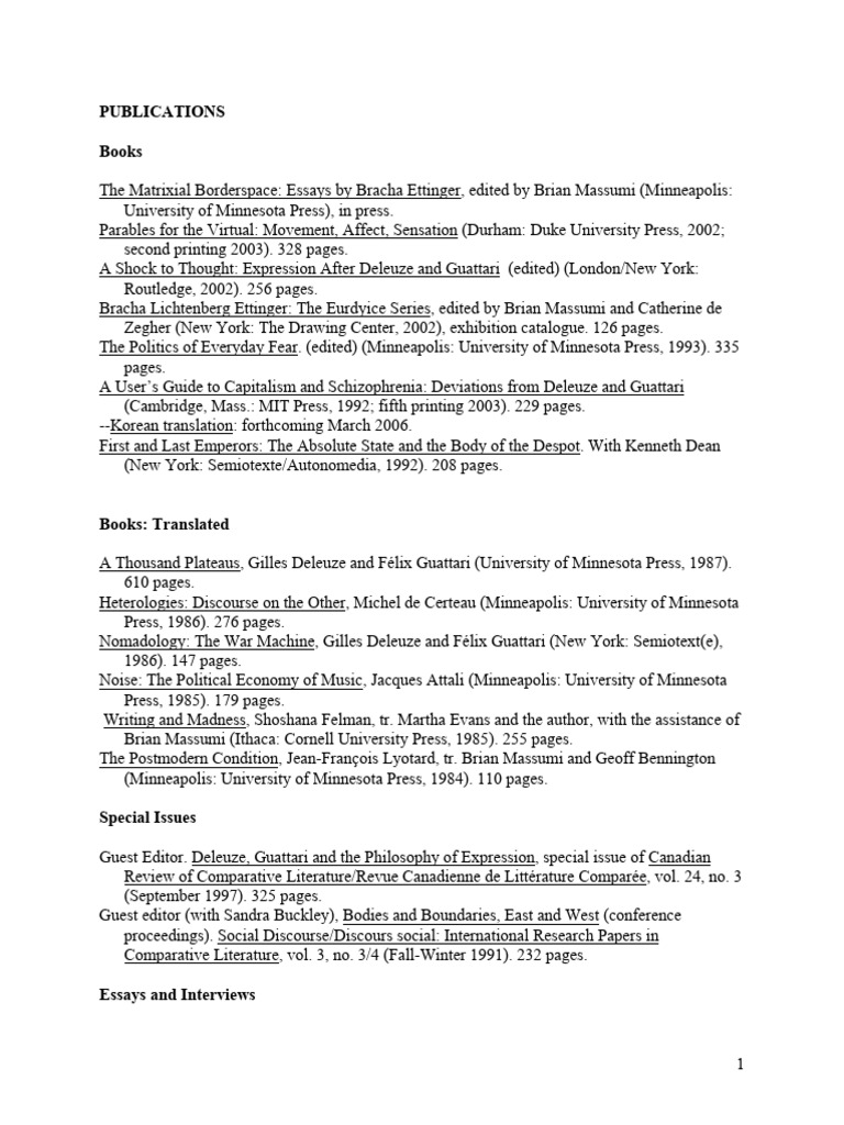 Massumi, Brian. Bibliography. Publications List | PDF