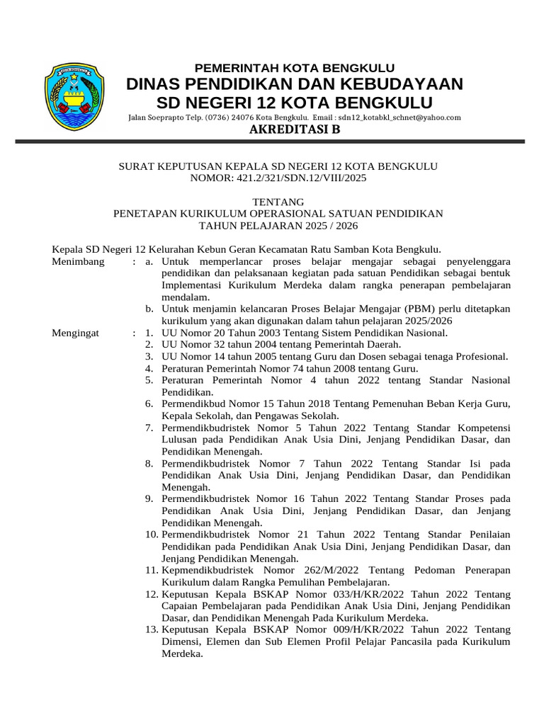 Kurikulum Merdeka SDN 12 Bengkulu 2025/2026 | PDF