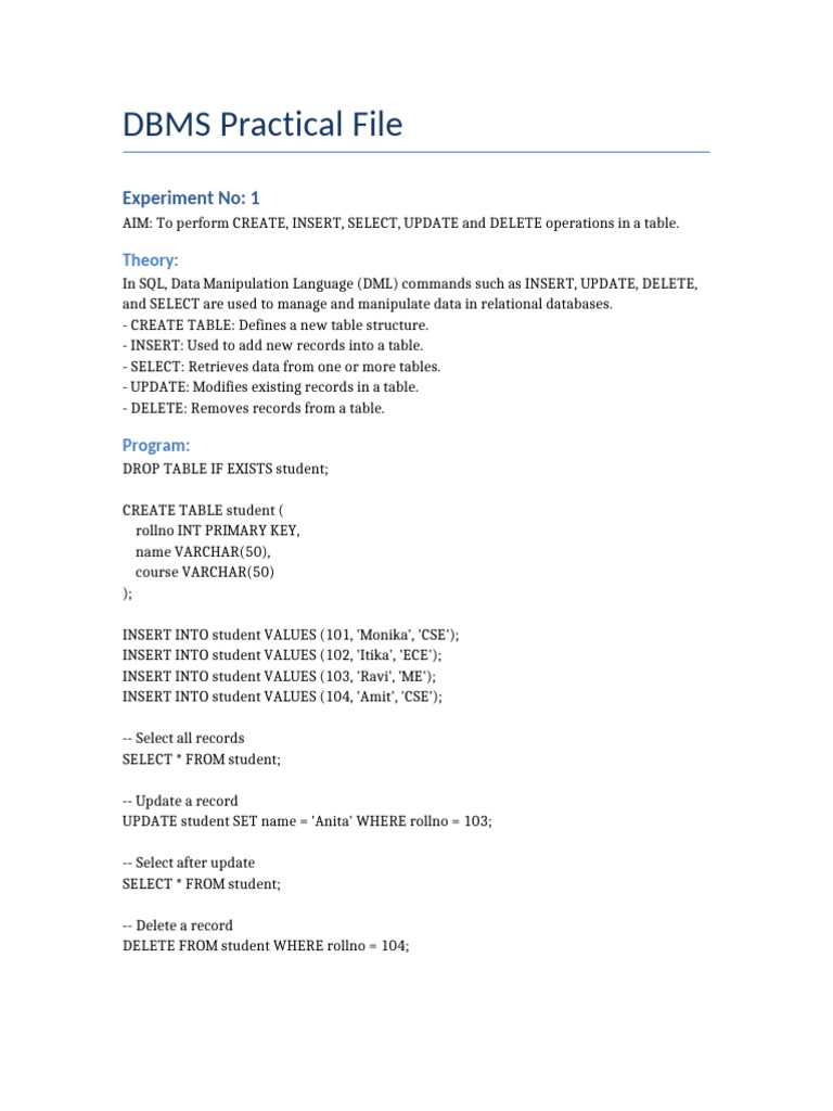 DBMS Practical Experiment1 | PDF