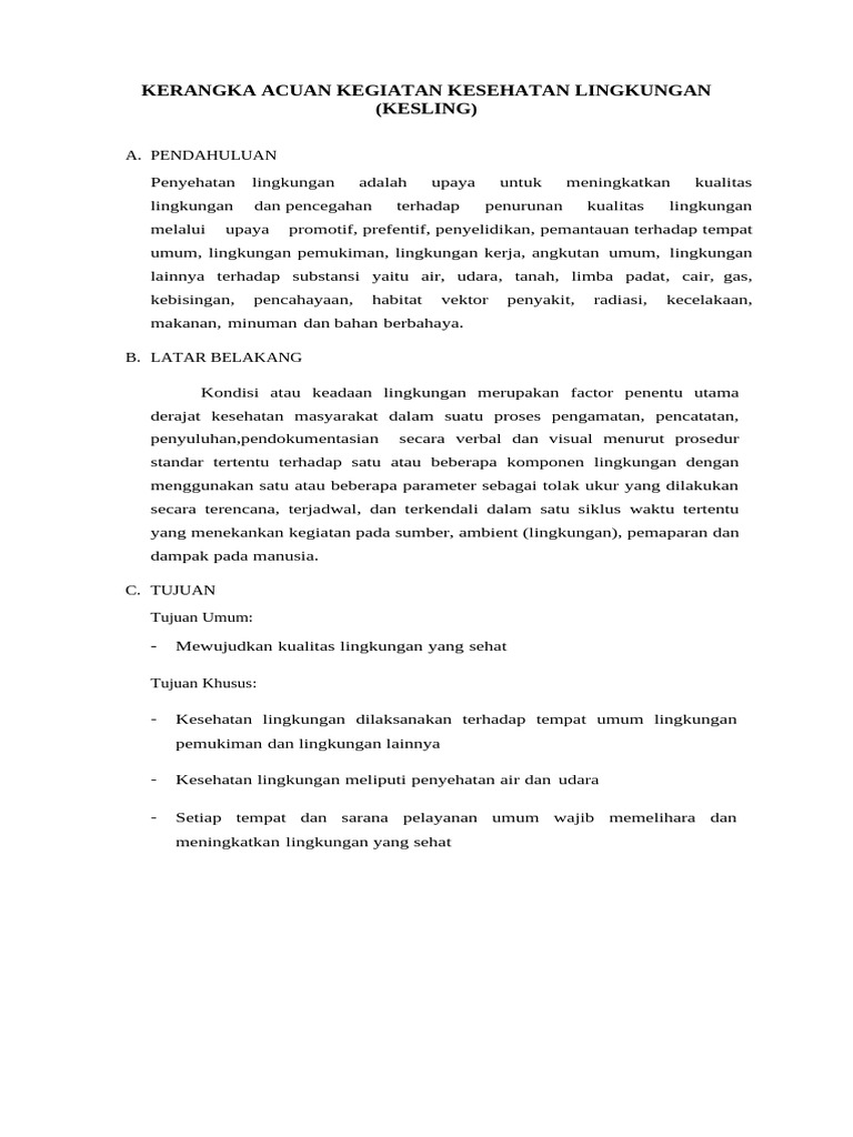 Kerangka Acuan Kegiatan Kesehatan Lingkungan | PDF