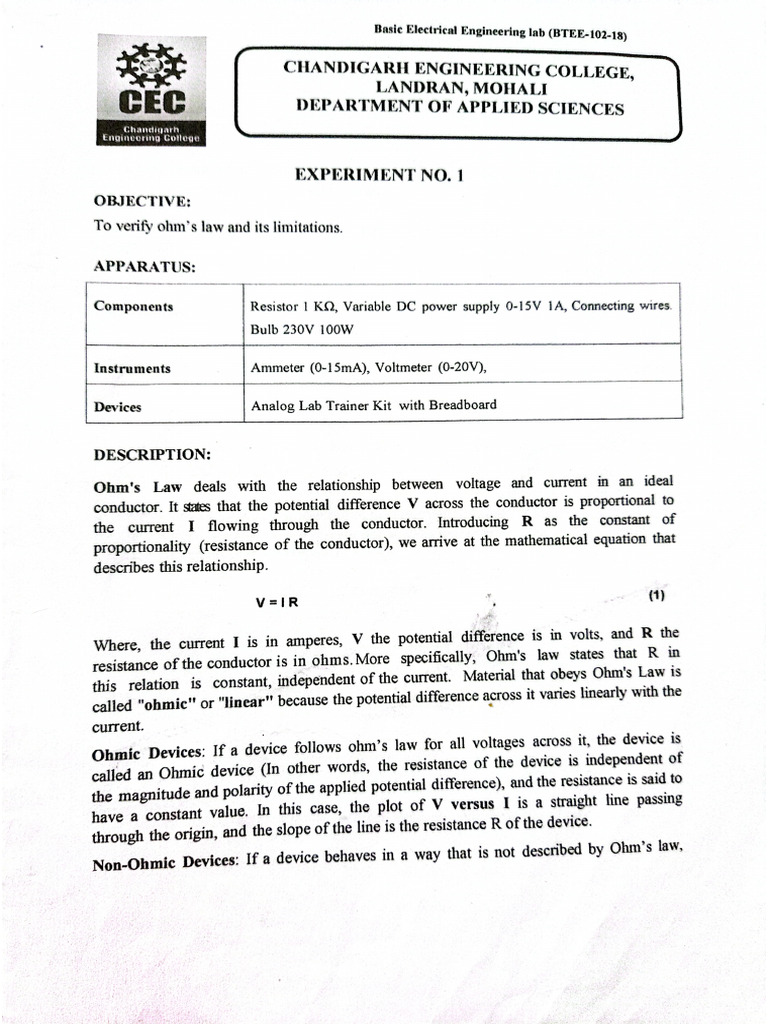 BEE Ohms Law and Its Limitations | PDF
