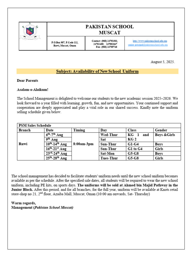 PSM New School Uniform Sales Schedule | PDF | Uniforms | Dress Codes