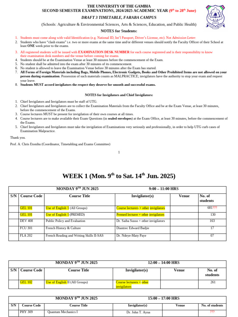 DRAFT 3 2nd Sem Exams Timetable 2024_2025 | PDF