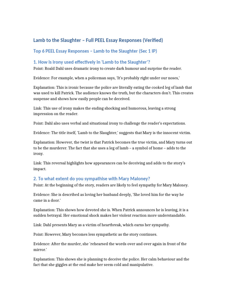 Lamb To The Slaughter PEEL Essays VERIFIED FINAL | PDF | Irony | Justice