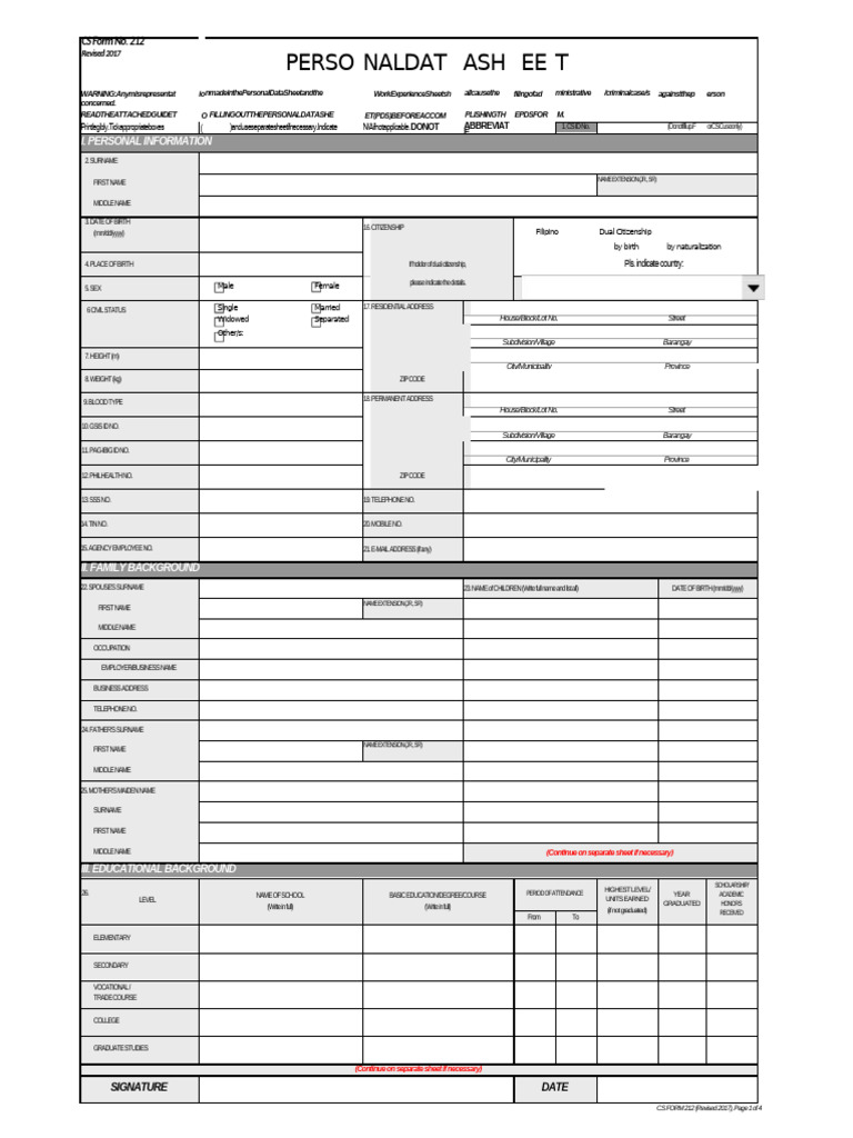 CS Form 212: Personal Data Sheet Guide | PDF | Government | Justice