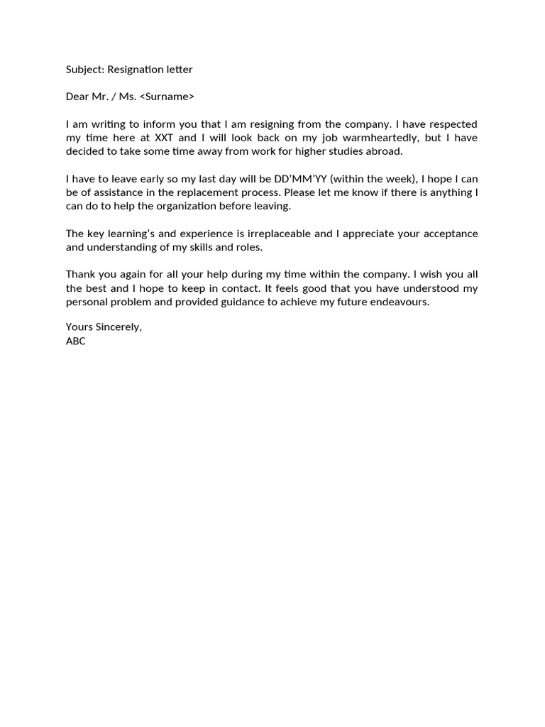 Resignation Letter Without Notice Period Non Print | PDF