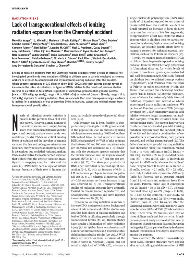 Lack of Transgenerational Effects of Ionizing Radiation Exposure From ...