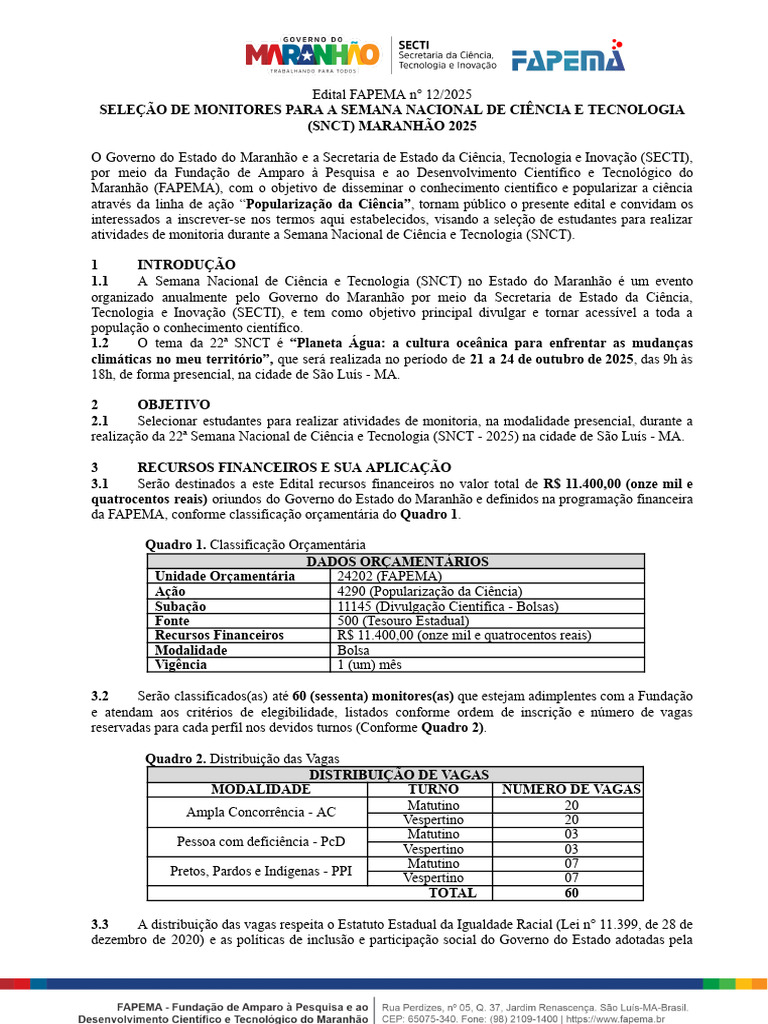 Seleção de Monitores SNCT Maranhão 2025 | PDF | Science | Constituição