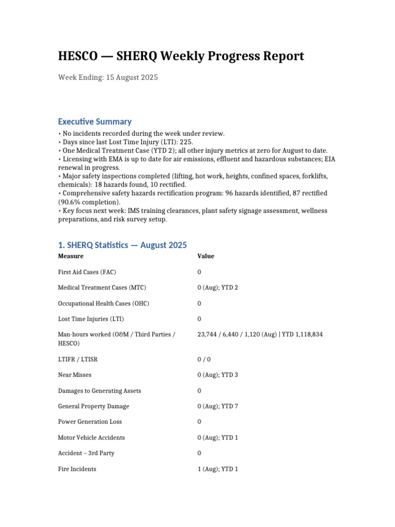 HESCO SHERQ Weekly Report 2025-08-15 v2 | PDF | Occupational Safety And ...