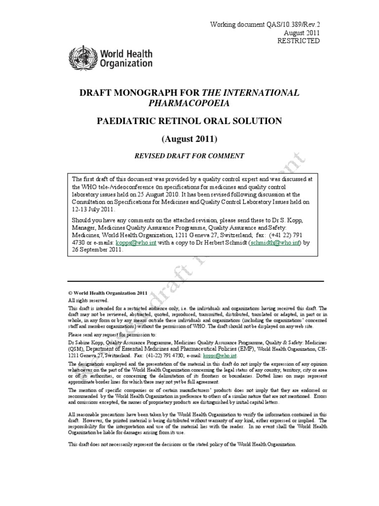 Draft Monograph For The International: Pharmacopoeia | PDF | Vitamin A ...