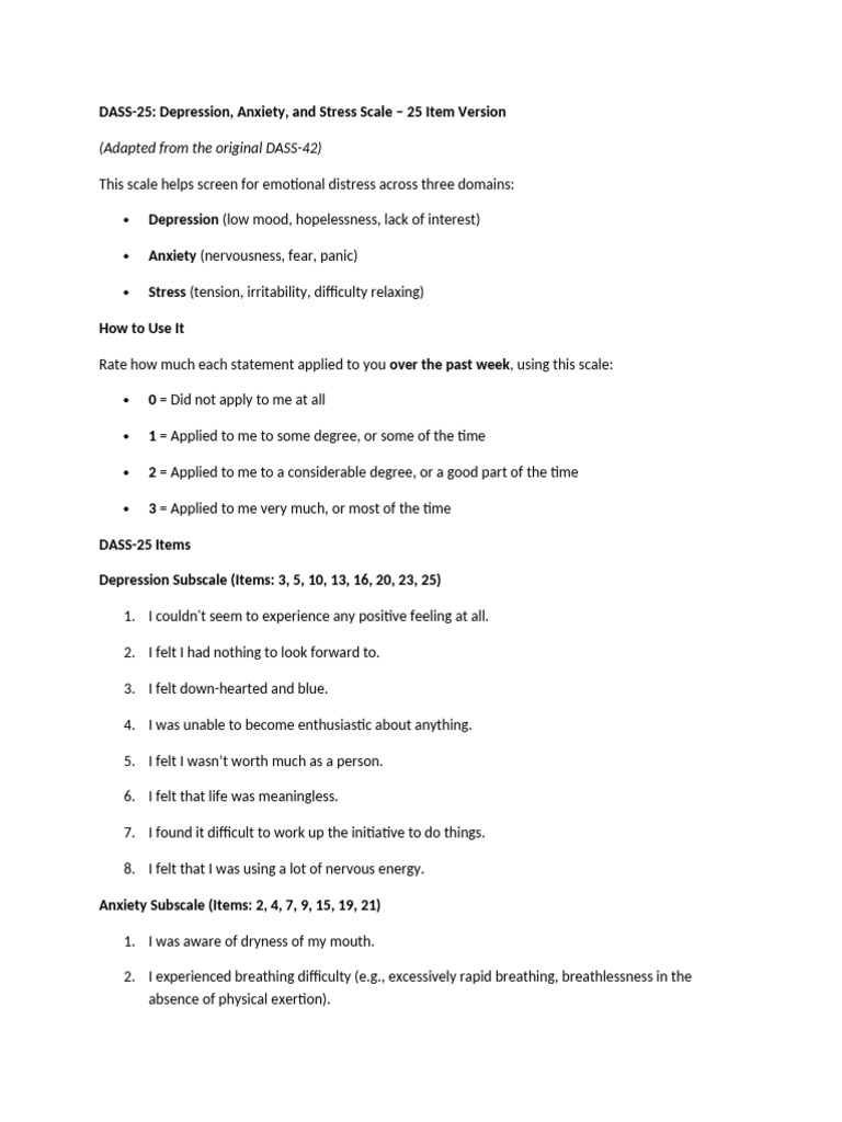 DASS-25: Emotional Distress Screening | PDF