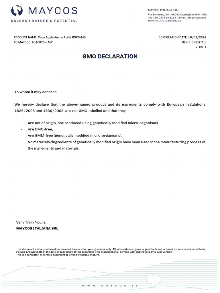 Coco Apple Amino Acids RSPO-MB - GMO DECLARATION - 4016078 | PDF
