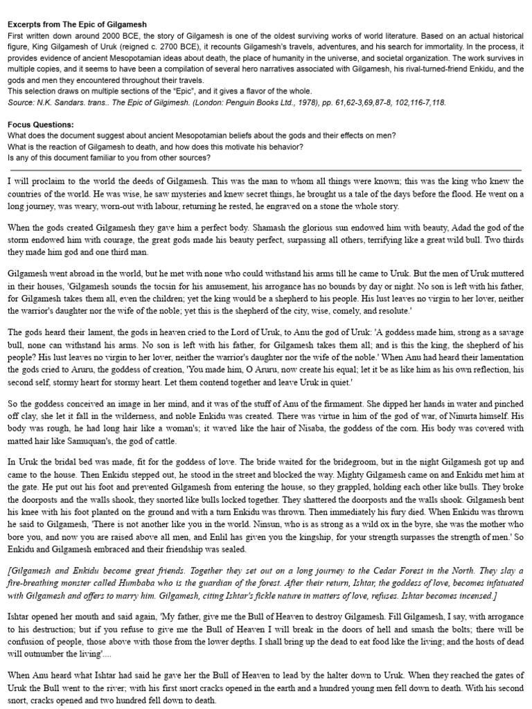 Epic of Gilgamesh Excerpts | PDF | Epic Of Gilgamesh | Comparative ...