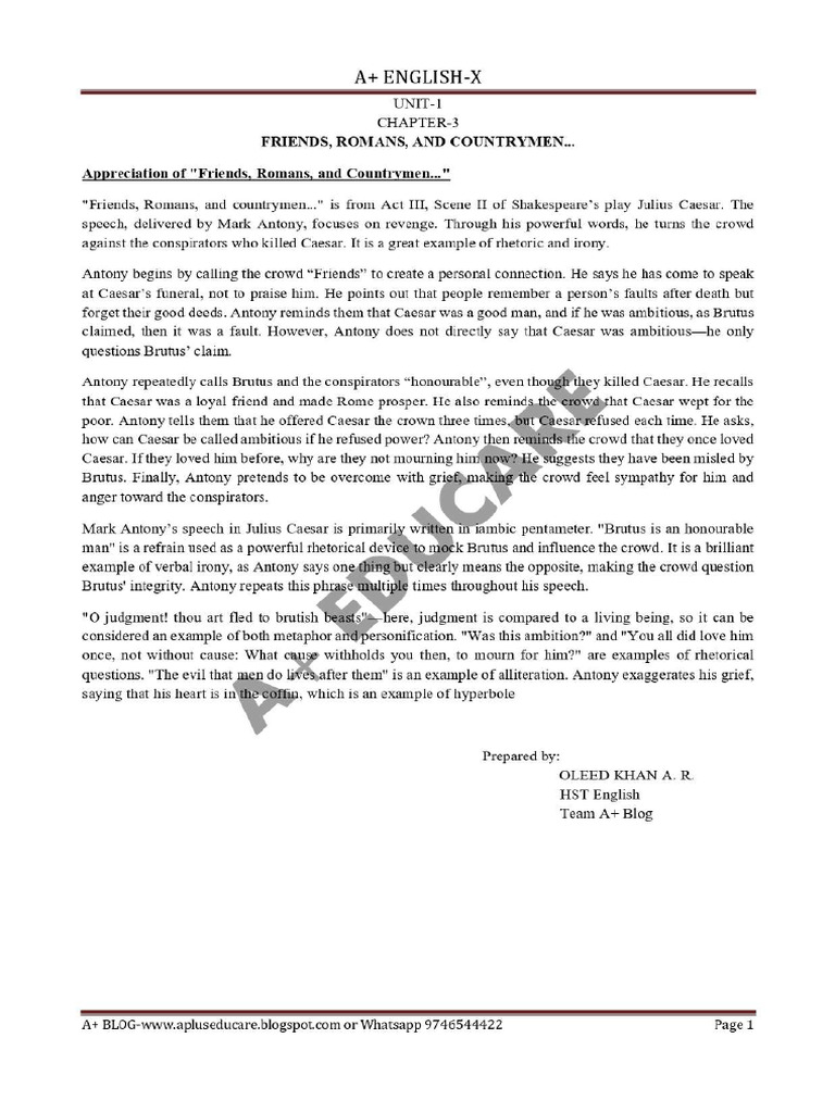 A Blog SSLC English Chapter 3 Friends, Romans, and Countrymen ...