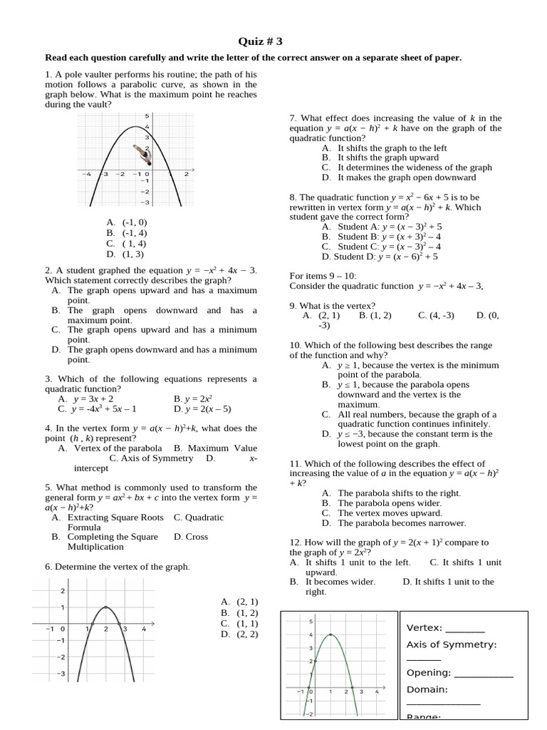 Quiz 3 Quadratic Function | PDF | Mathematical Concepts | Elementary ...