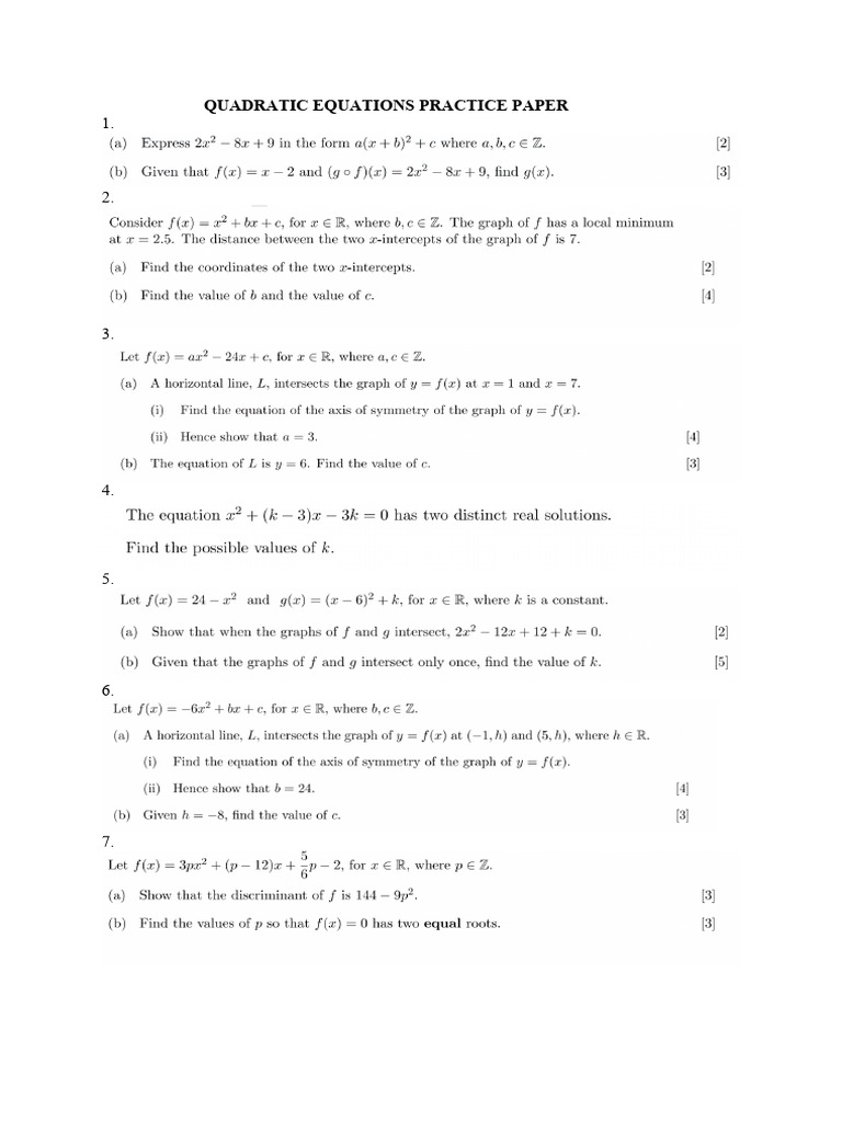 IB AA HL Quadratics Revision Sheet | PDF