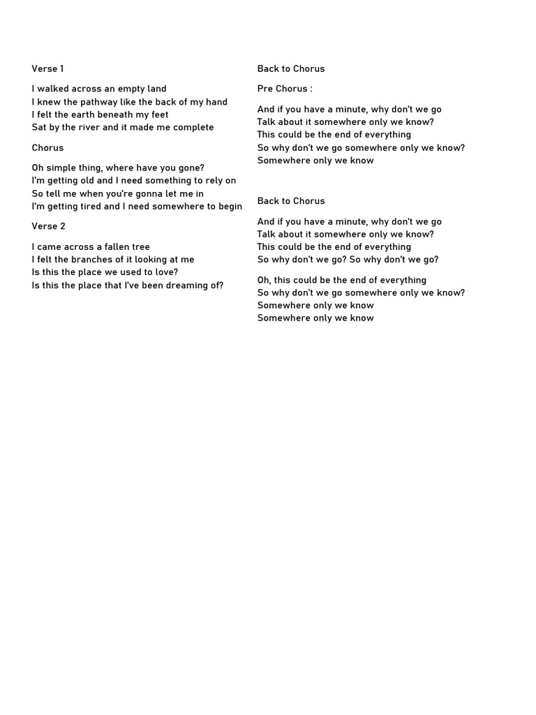 Somewhere Only We Know Lyrics | PDF