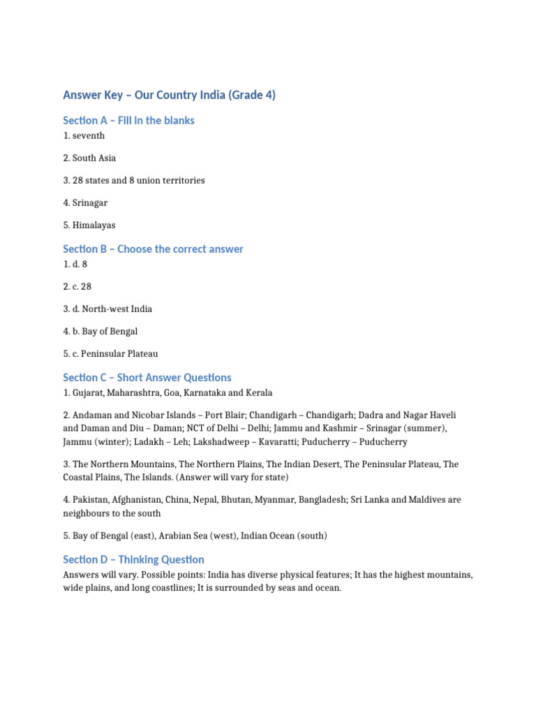 Answer Key for Grade 4 India Unit | PDF